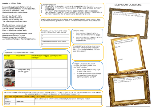 London - A3 Analysis Worksheet - GCSE Literature AQA - William Blake ...