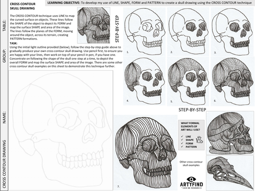 Cross Contour Skull Drawing 1 | Teaching Resources