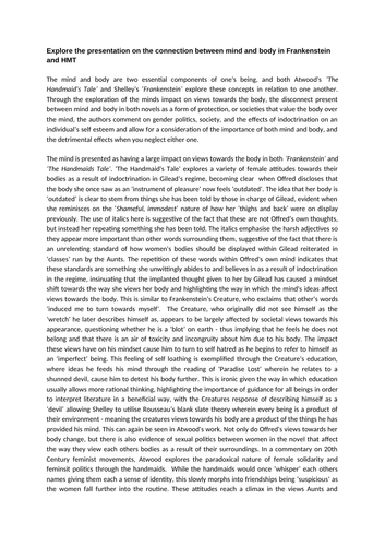 A* A Level English Lit Essay on Frankenstein/Handmaids Tale Essay ...