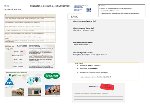 Introduction to health and social care services lesson | Teaching Resources