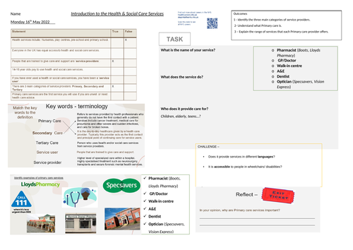 Introduction to health and social care services lesson | Teaching Resources
