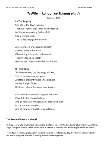 English Literature Poetry - Thomas Hardy - A Wife in London | Teaching ...