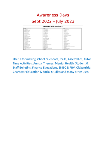 Awareness Days Calendar Sept 2022-July 2023 Tutor Time PSHE Citizenship ...