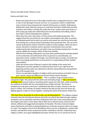 GRADE 9 Romeo and Juliet Notes on Love | Teaching Resources