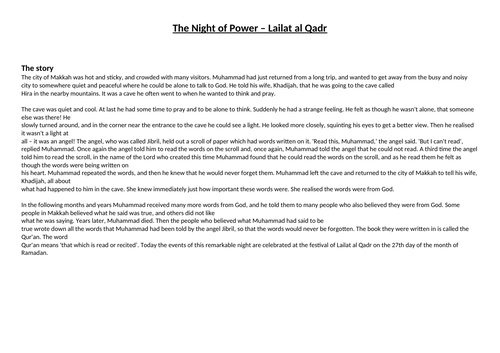 Islam KS2 Topic: The Night of Power Story Retelling Worksheet ...