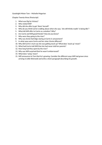 Goodnight Mister Tom Reading Comprehension Chapters 16-23 | Teaching ...