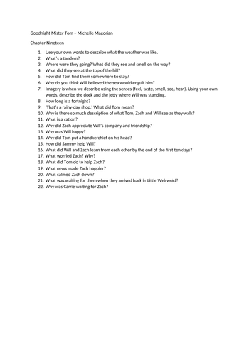 Goodnight Mister Tom Reading Comprehension Chapters 16-23 | Teaching ...