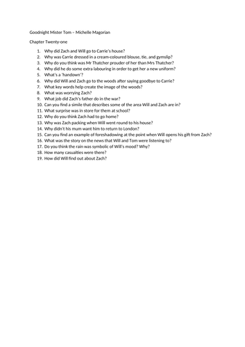 Goodnight Mister Tom Reading Comprehension Chapters 16-23 | Teaching ...