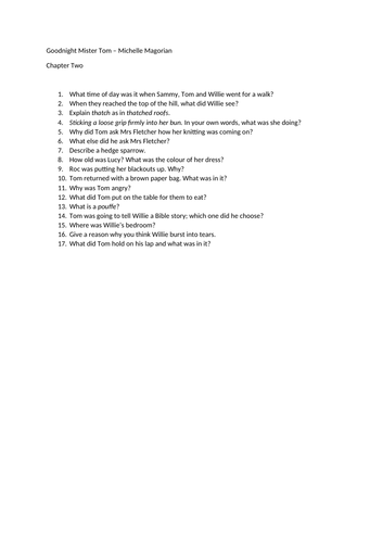 Goodnight Mister Tom Reading Comprehension Questions - All Chapters ...