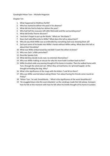 Goodnight Mister Tom Reading Comprehension Questions - All Chapters ...