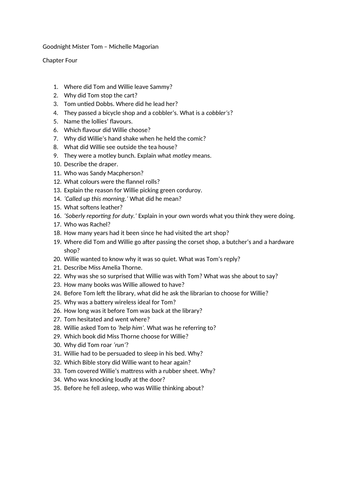 Goodnight Mister Tom Reading Comprehension Questions - All Chapters ...