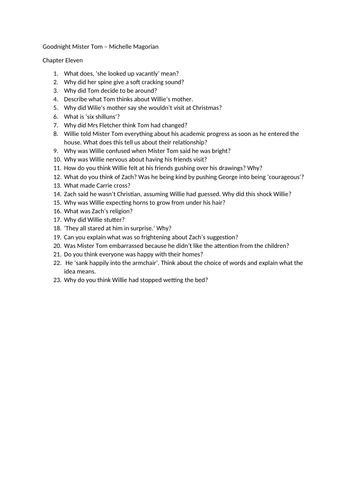 Goodnight Mister Tom Reading Comprehension Questions - All Chapters ...