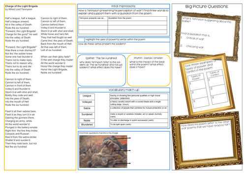 Charge of the Light Brigade - A3 Analysis Worksheet - GCSE Literature ...