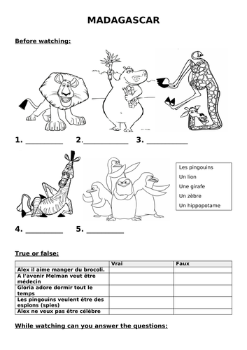 French Madagascar film worksheets | Teaching Resources