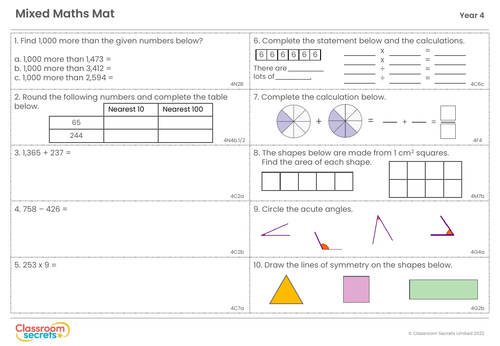 Mixed Maths Mats - Year 4 | Teaching Resources