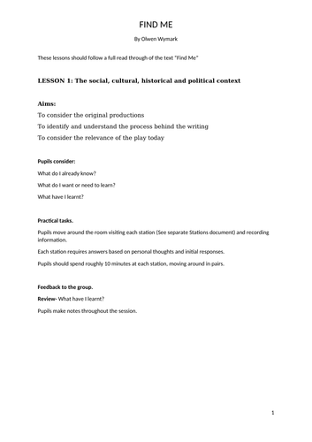 'Find Me' Lesson Plans and Resources for GCSE Eduqas | Teaching Resources