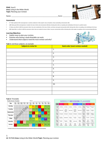 Planning your revision - PSHE - Year 8 | Teaching Resources