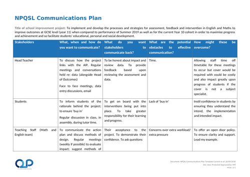 NPQSL Communications Plan | Teaching Resources