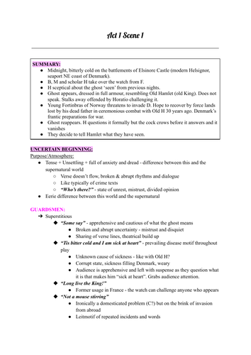 Hamlet Act 1 Extreme Theme Analysis and Quotes | Teaching Resources