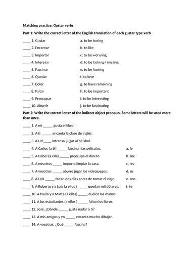 Gustar verbs matching practice | Teaching Resources