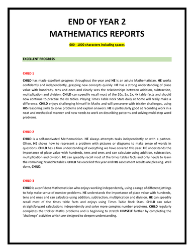 End of Year 2 Reports - Maths Comments | Teaching Resources