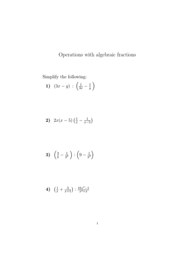 Operations with algebraic fractions worksheet (with solutions ...