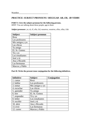 Subject pronouns and present tense practice | Teaching Resources