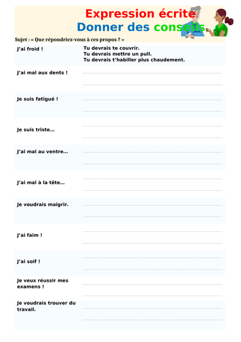 [French Writing A2, B1] Donner des conseils (advising someone ...