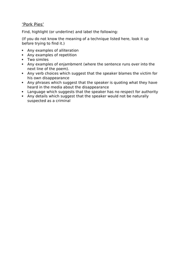 Unseen poetry lesson - 'Pork Pies' by Jackie Kay | Teaching Resources