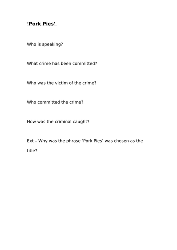 Unseen poetry lesson - 'Pork Pies' by Jackie Kay | Teaching Resources