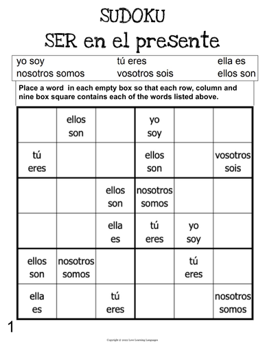 SPANISH Verb SER Present Tense Sudoku - El verbo SER en presente | Teaching Resources