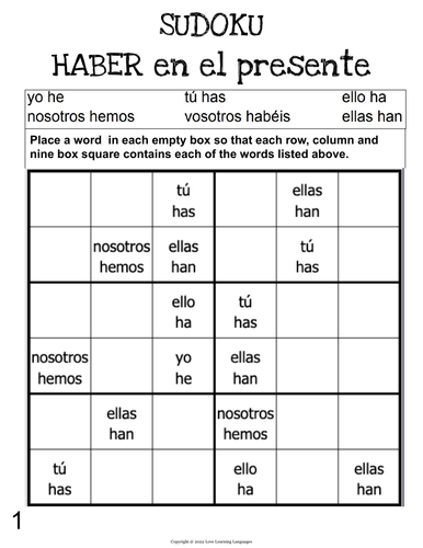 SPANISH Verb HABER Present Tense Sudoku - El verbo HABER en presente ...