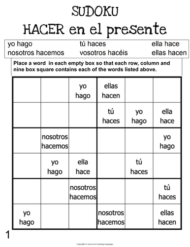 SPANISH Verb HACER Present Tense Sudoku - El verbo HACER en presente ...