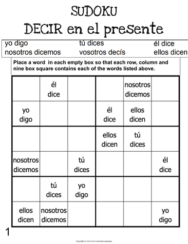 SPANISH Verb DECIR Present Tense Sudoku - El verbo DECIR en presente ...