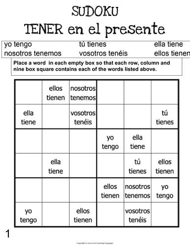 SPANISH Verb TENER Present Tense Sudoku - El verbo TENER en presente ...