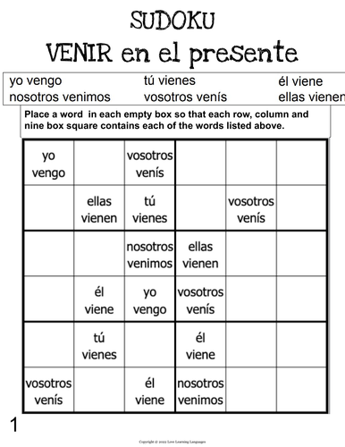 SPANISH Verb VENIR Present Tense Sudoku - El verbo VENIR en presente ...
