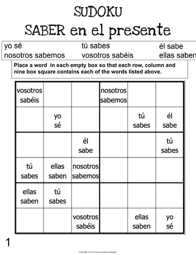 SPANISH Verb SABER Present Tense Sudoku - El verbo SABER en presente ...