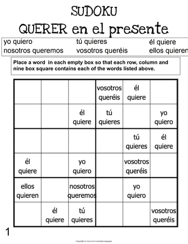 SPANISH Verb QUERER Present Tense Sudoku - El verbo QUERER en presente ...