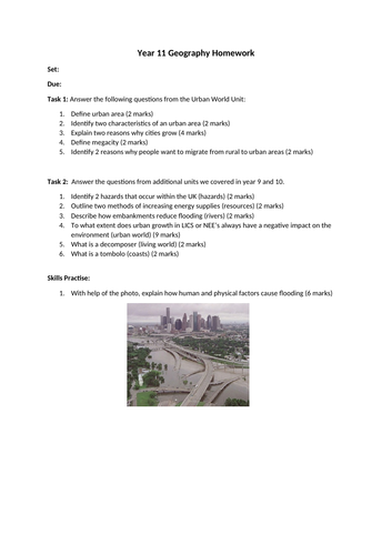 GCSE Geography AQA: Unit 2 - Urban Issues and Challenges Homework ...