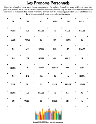 French Dots and Boxes Game - Subject Pronouns - Pronoms Personnels ...