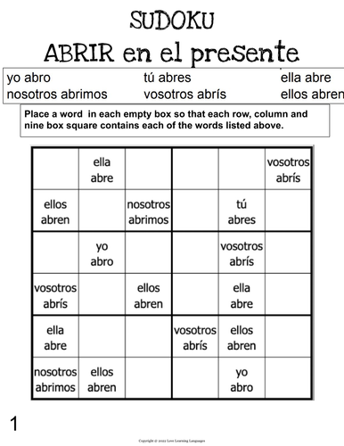 SPANISH Verb ABRIR Present Tense Sudoku - El verbo ABRIR en presente ...