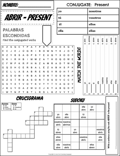 Spanish Verb ABRIR Worksheet - Present - 6 Activities - One Page ...