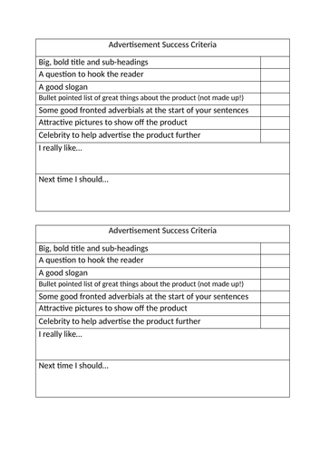Advertisement Success Criteria KS2 | Teaching Resources