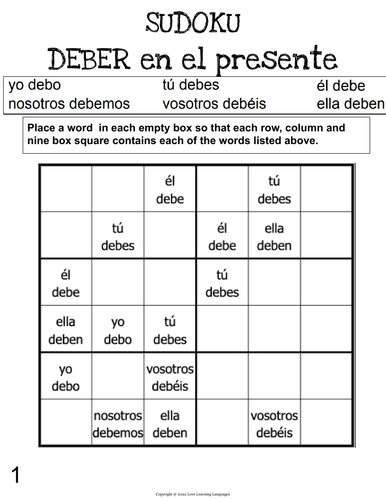 SPANISH Verb DEBER Present Tense Sudoku - El verbo DEBER en presente ...