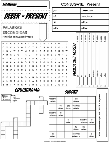 Spanish Verb DEBER Worksheet - Present - 6 Activities - One Page ...