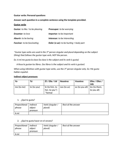 Gustar verbs personal questions practice | Teaching Resources