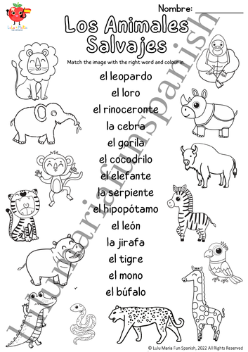 Spanish A4 Worksheet - Los Animales Salvajes - Wild Animals | Teaching ...
