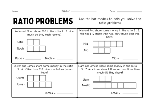 Ratio Problems with Bar Models - Printable Worksheet | Teaching Resources