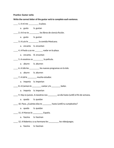 Practice: Gustar and similar verbs | Teaching Resources