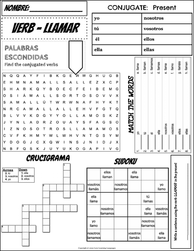 Spanish Verb LLAMAR Worksheet - Present - 6 Activities - One Page ...